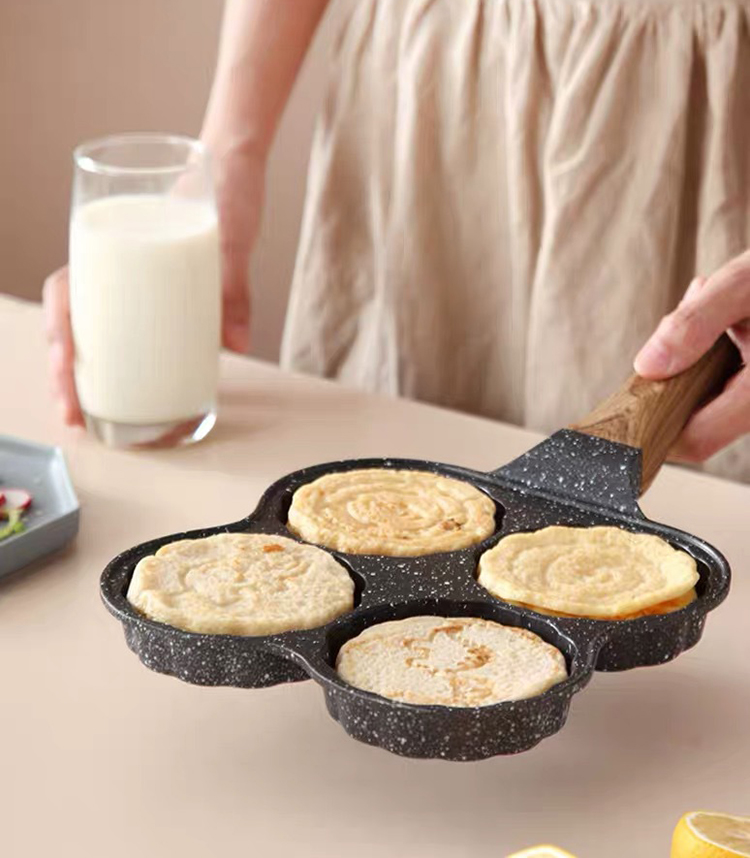 4 In 1 Mini Four Hole Egg Pan Nonstick Cooking Grill Pan Divided Wooden ...