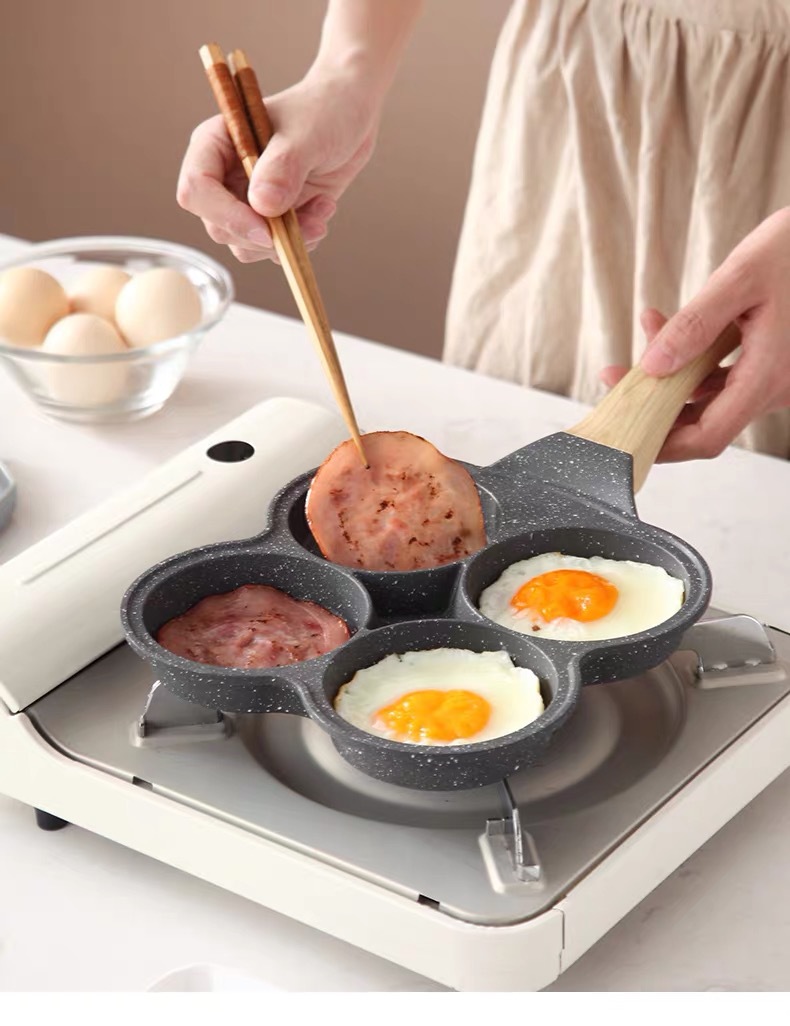 4 In 1 Mini Four Hole Egg Pan Nonstick Cooking Grill Pan Divided Wooden ...